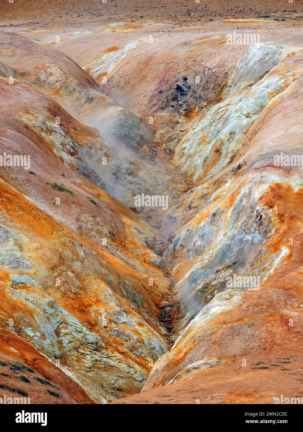 colorful fumaroles and steam at krafla volcanic caldera near lake ...