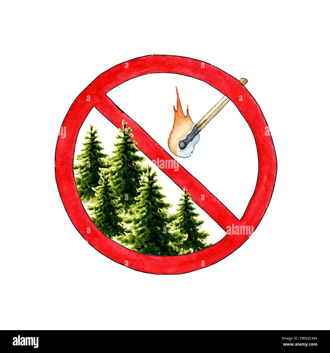 Watercolor illustration of a fir forest and a burning match in a ...