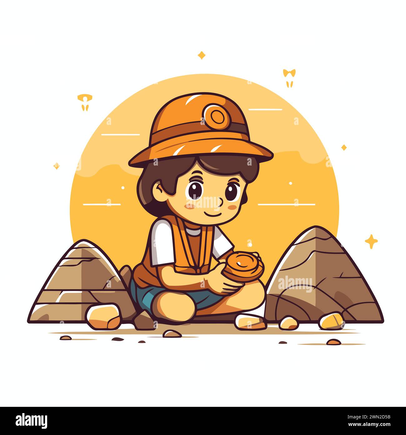 Cute cartoon explorer boy sitting on the stone. Vector illustration ...
