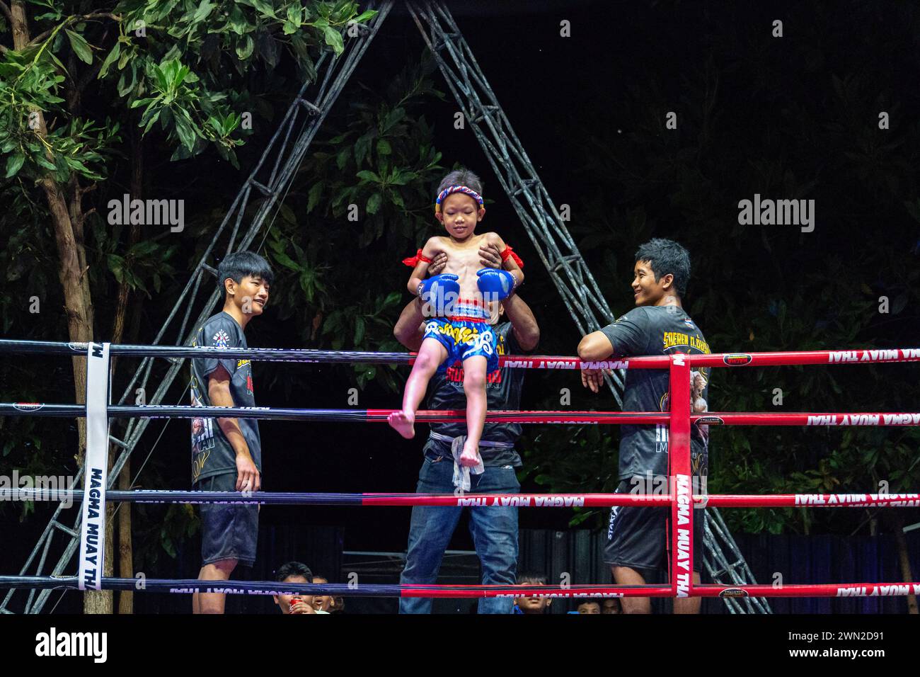 Koh Chang, Thailand. 24th Feb, 2024. A Thai child boxer is seen ...