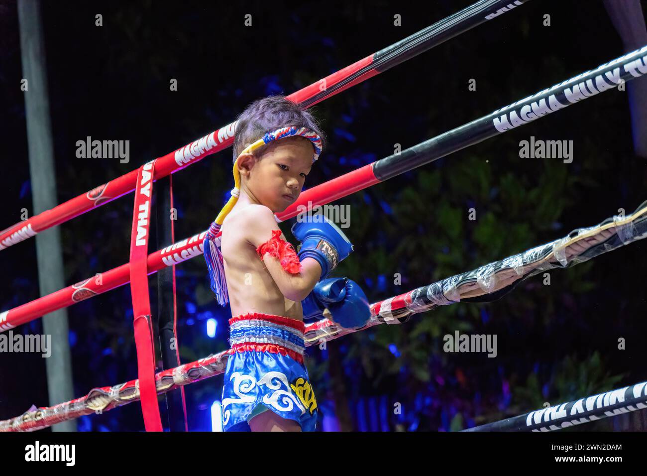 Koh Chang, Thailand. 24th Feb, 2024. A Thai child boxer is seen in the ...