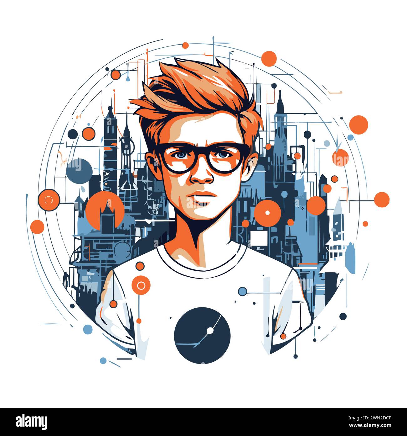Hipster guy with glasses on the background of the city. Vector ...
