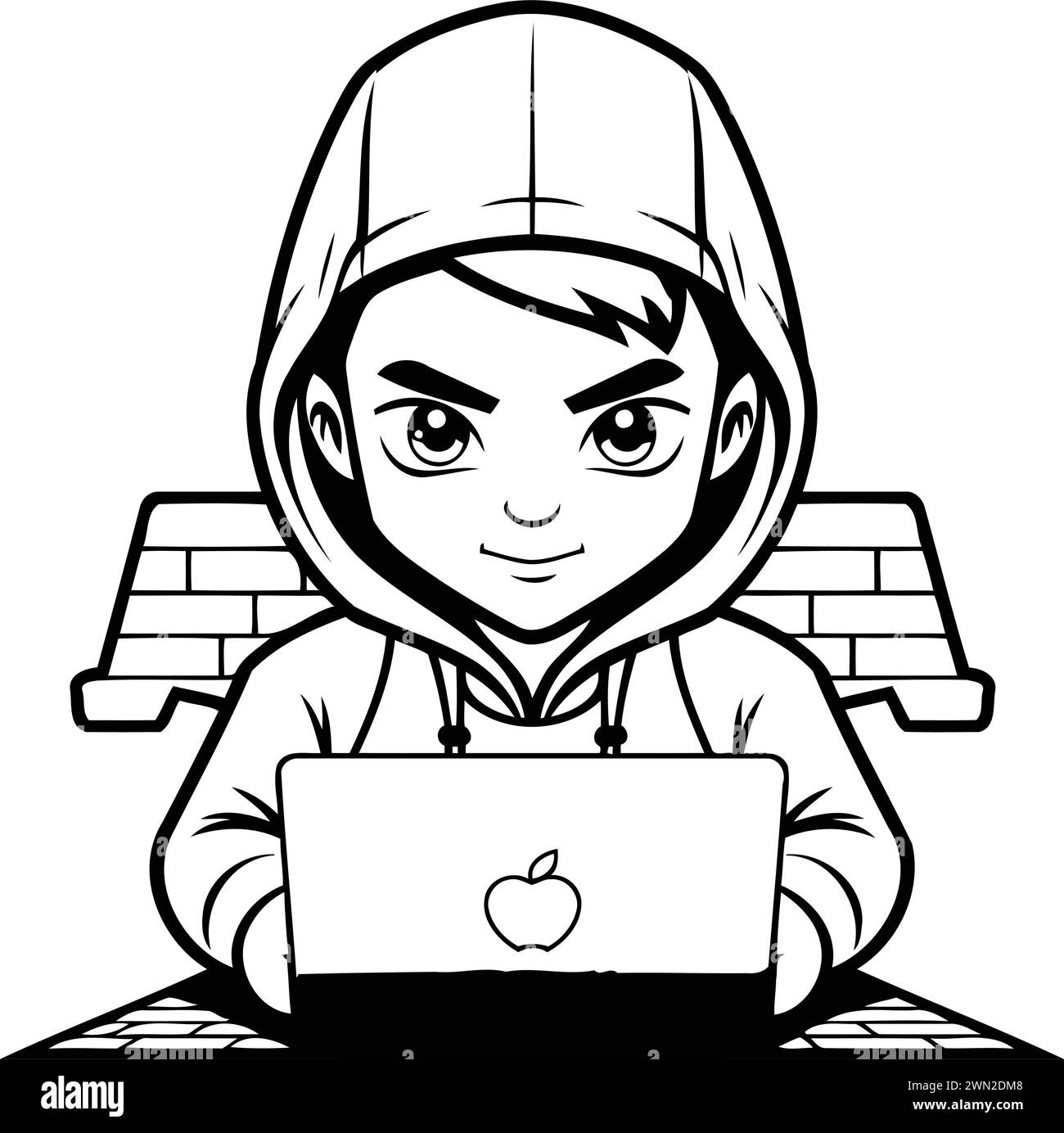 Hacker with Laptop - Black and White Cartoon Illustration. Vector Stock ...