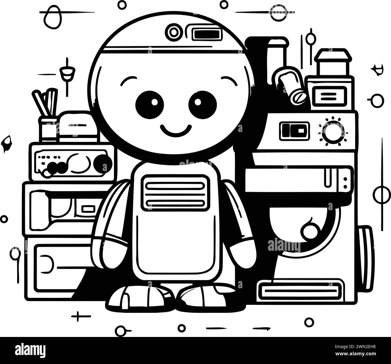 Vector illustration of a cute robot with a set of tools. Black and ...