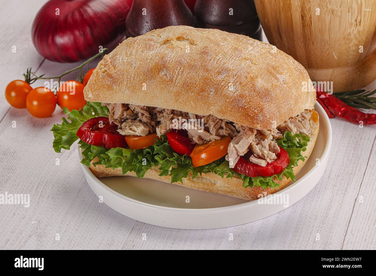 Ciabatta with canned tuna and tomato sandwich Stock Photo - Alamy
