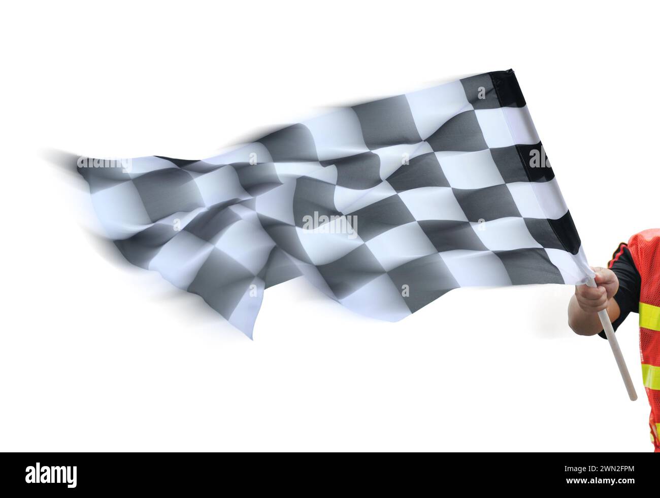Checkered race flag in hand against white background Stock Photo - Alamy