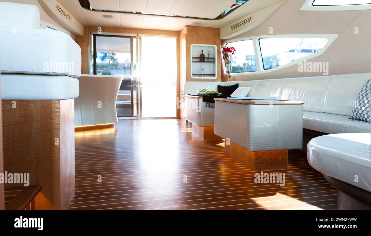 Luxury yacht wooden living room interior Stock Photo - Alamy