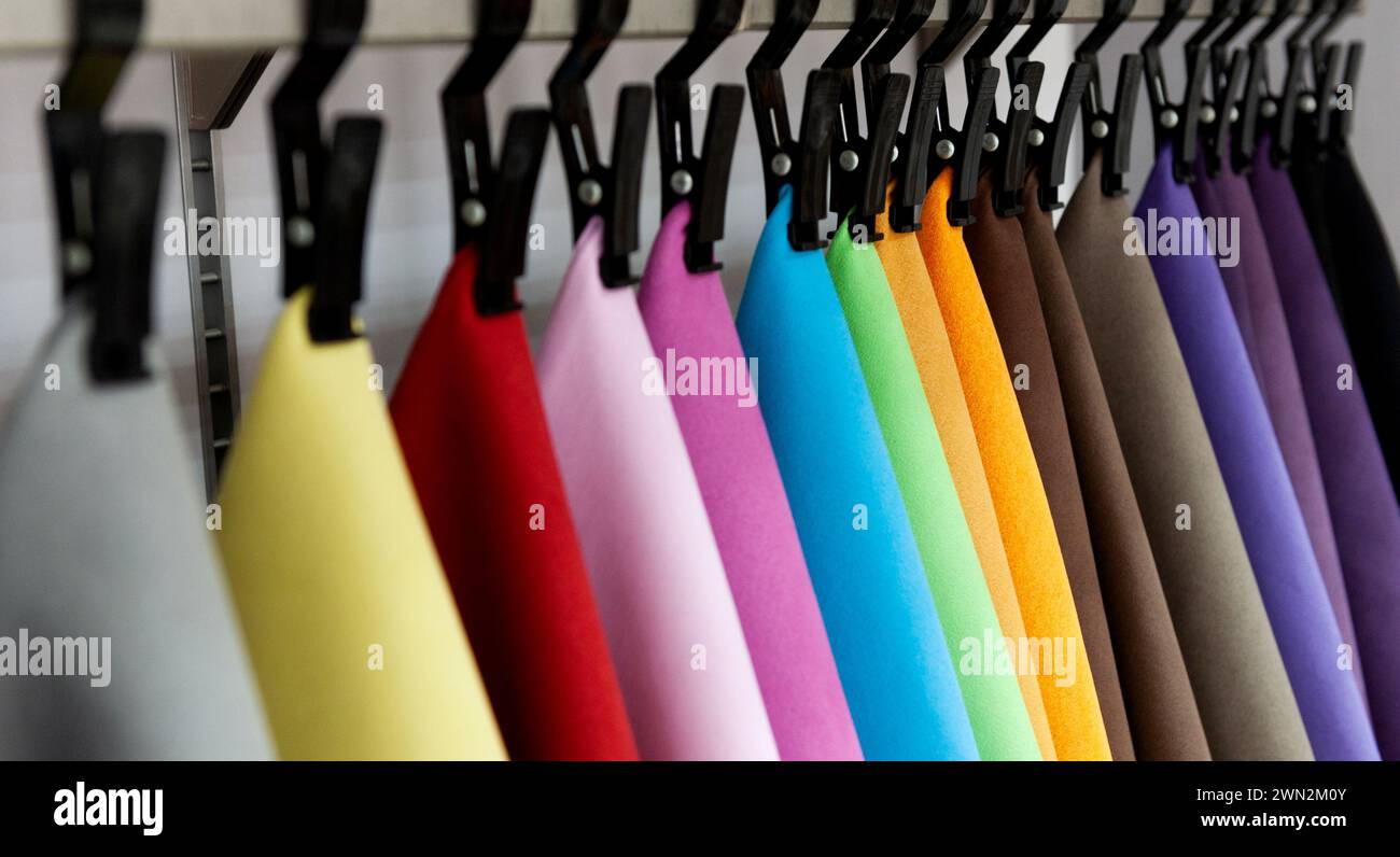 Color palette sample picker of leather material hanging in a row Stock ...