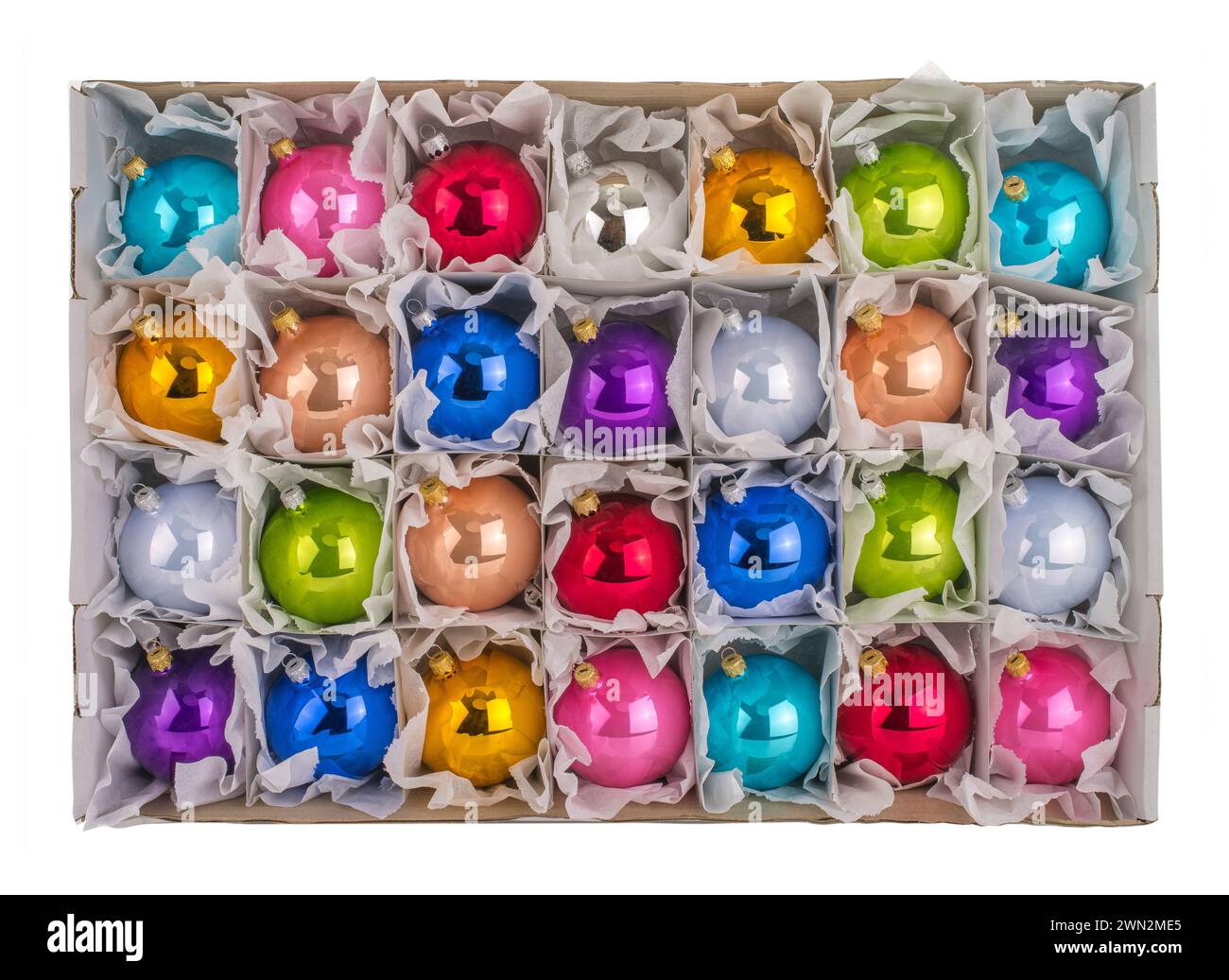 christmas spheres in a box on a white background Stock Photo - Alamy