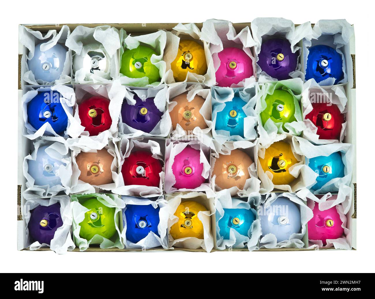 christmas spheres in a box on a white background Stock Photo - Alamy