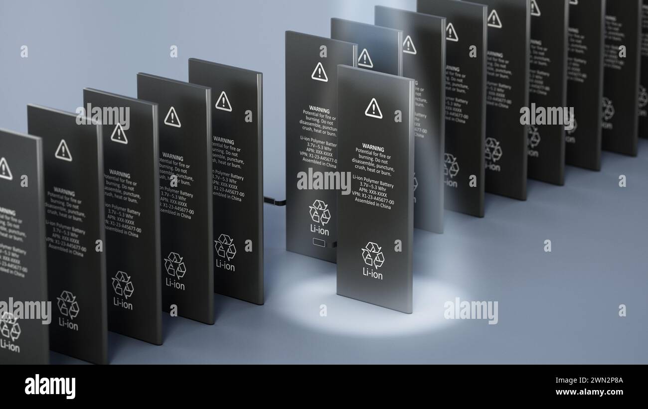 Spotlit spare smartphone battery standing out among the crowd. 3D ...