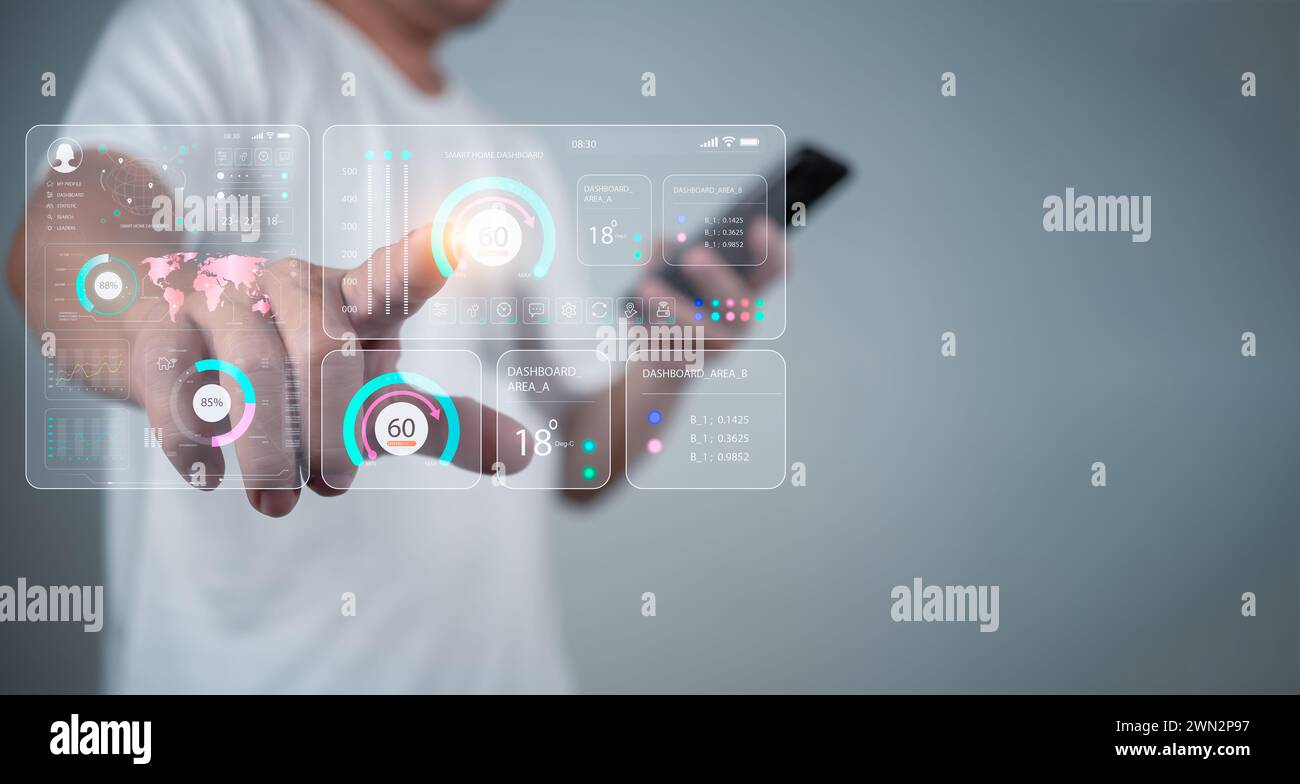 Human pointing fingers to use smart applications, Smart home concept ...