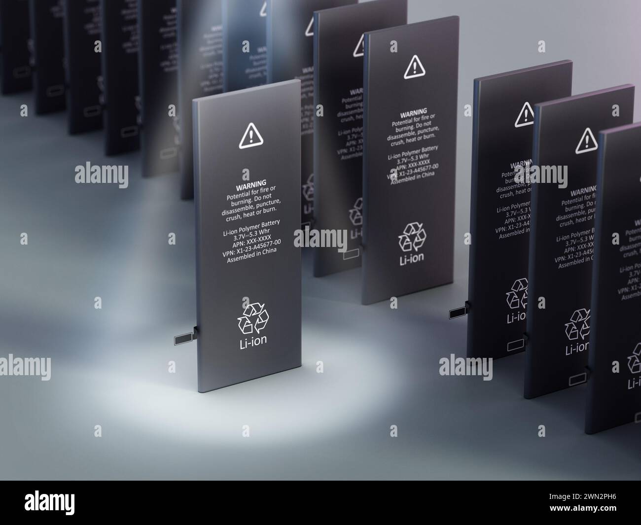 Spotlit spare smartphone battery standing out among the crowd. 3D ...