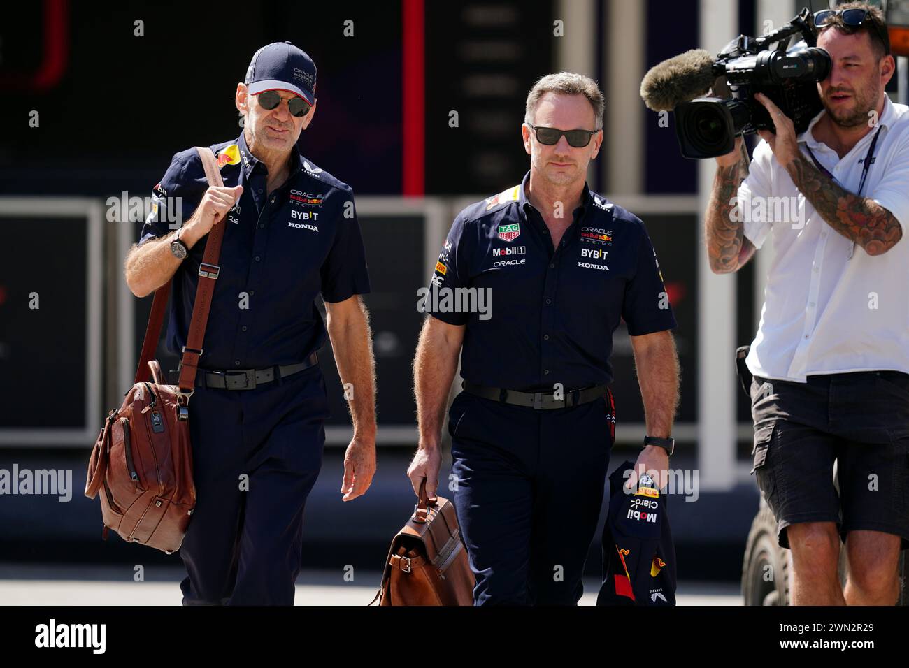 Red Bull Racing team principal Christian Horner and chief technical officer, Adrian Newey arrive ...