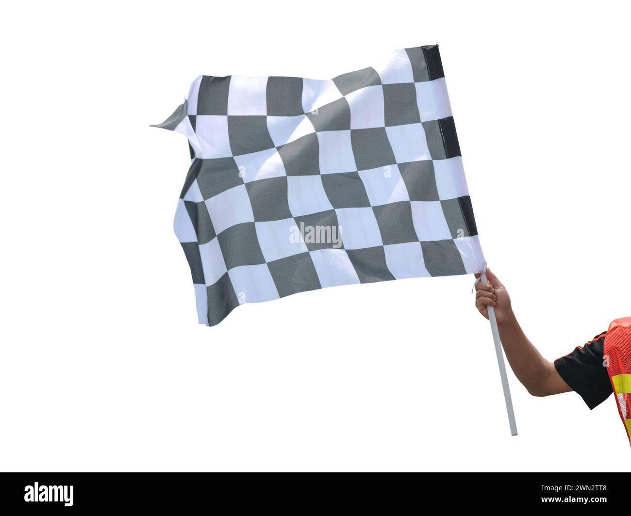 Checkered race flag in hand against white background Stock Photo - Alamy