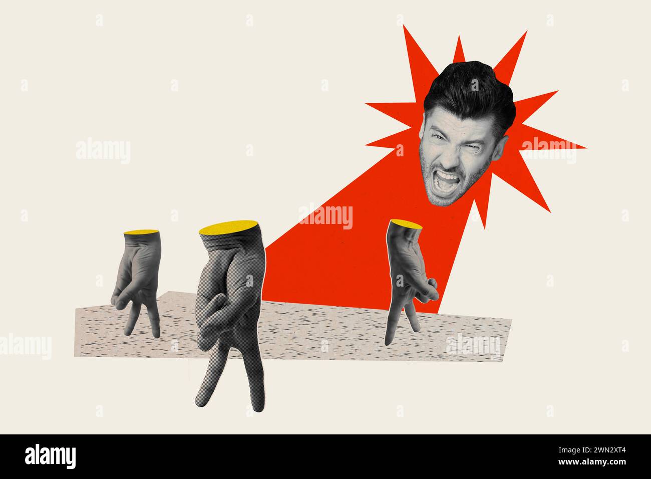 Photo collage young crazy scared frustrated man shouting furious angry ...