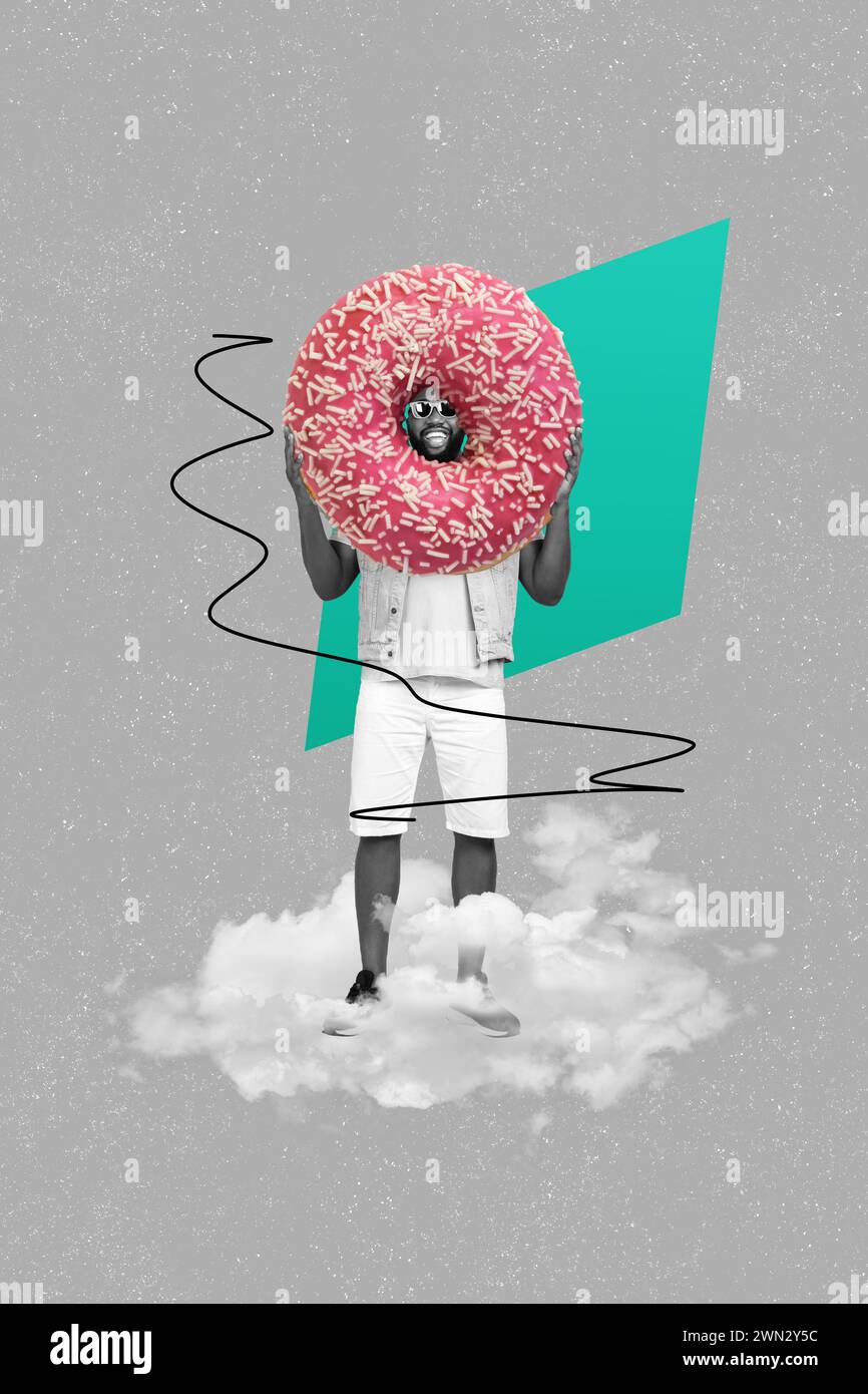 Collage retro sketch image of funny funky guy holding big huge donut ...
