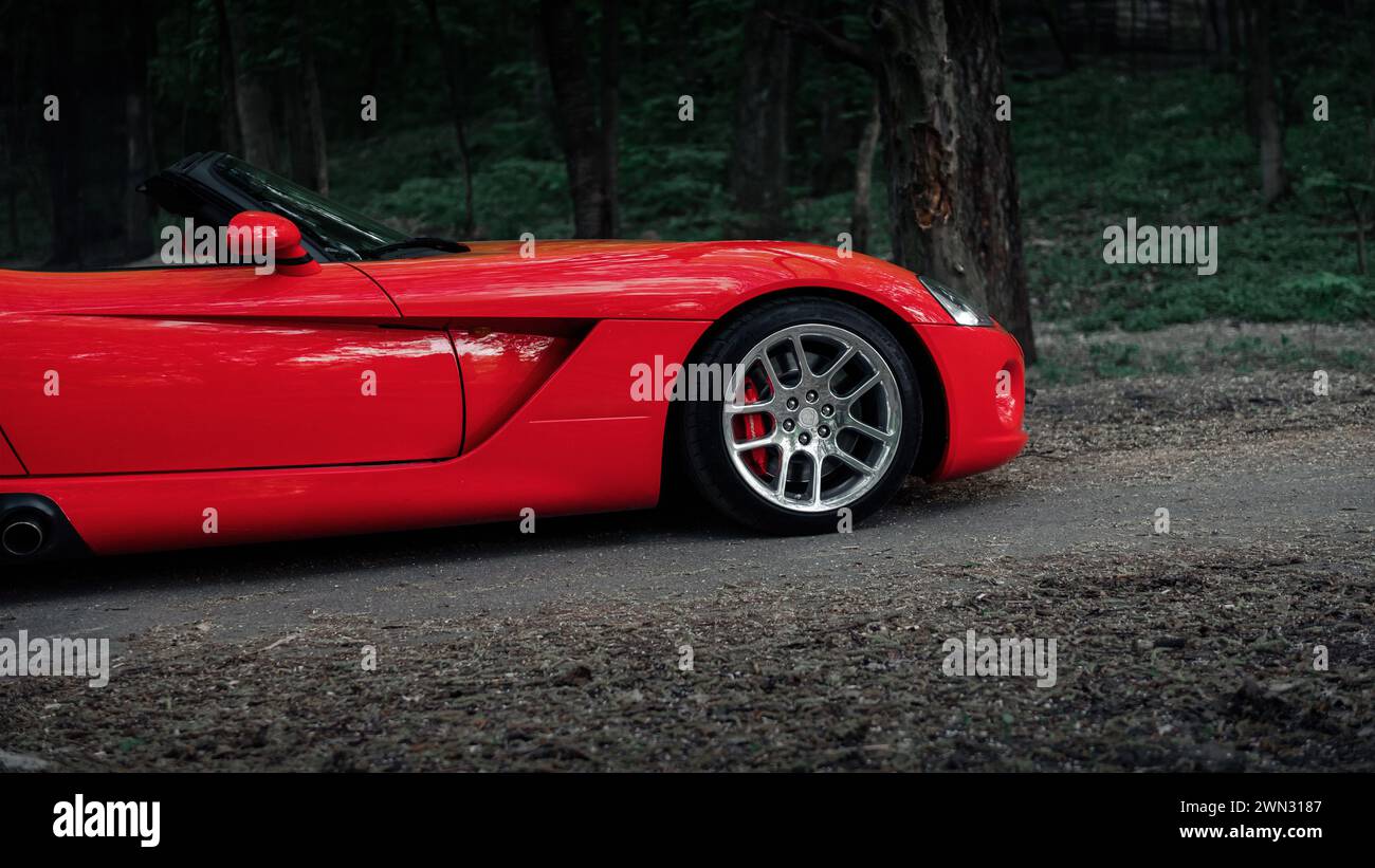 red Dodge Viper in a forest. Front part side view of american roadster ...