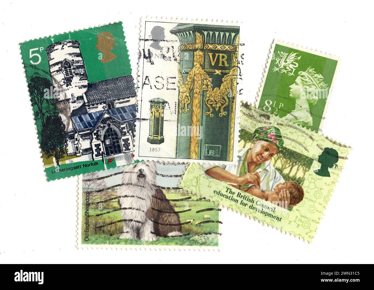 Vintage green commemorative postage stamps from the United Kingdom ...