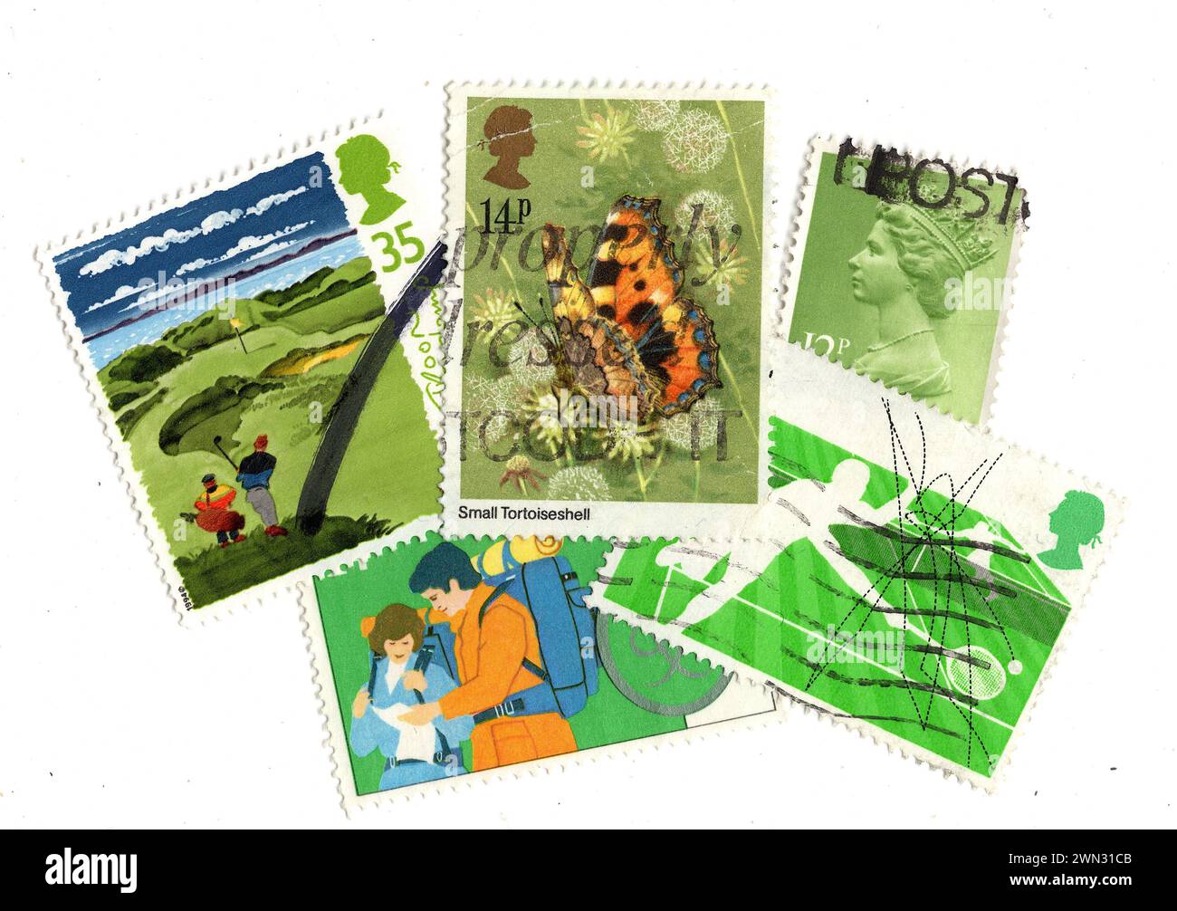 Vintage green commemorative postage stamps from the United Kingdom ...