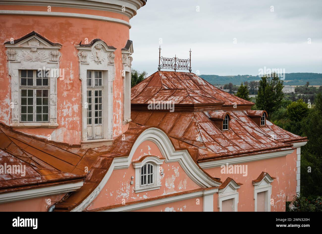 rusty metal roof of Chinese Palace of Zolochiv Castle. Old 17th century ...