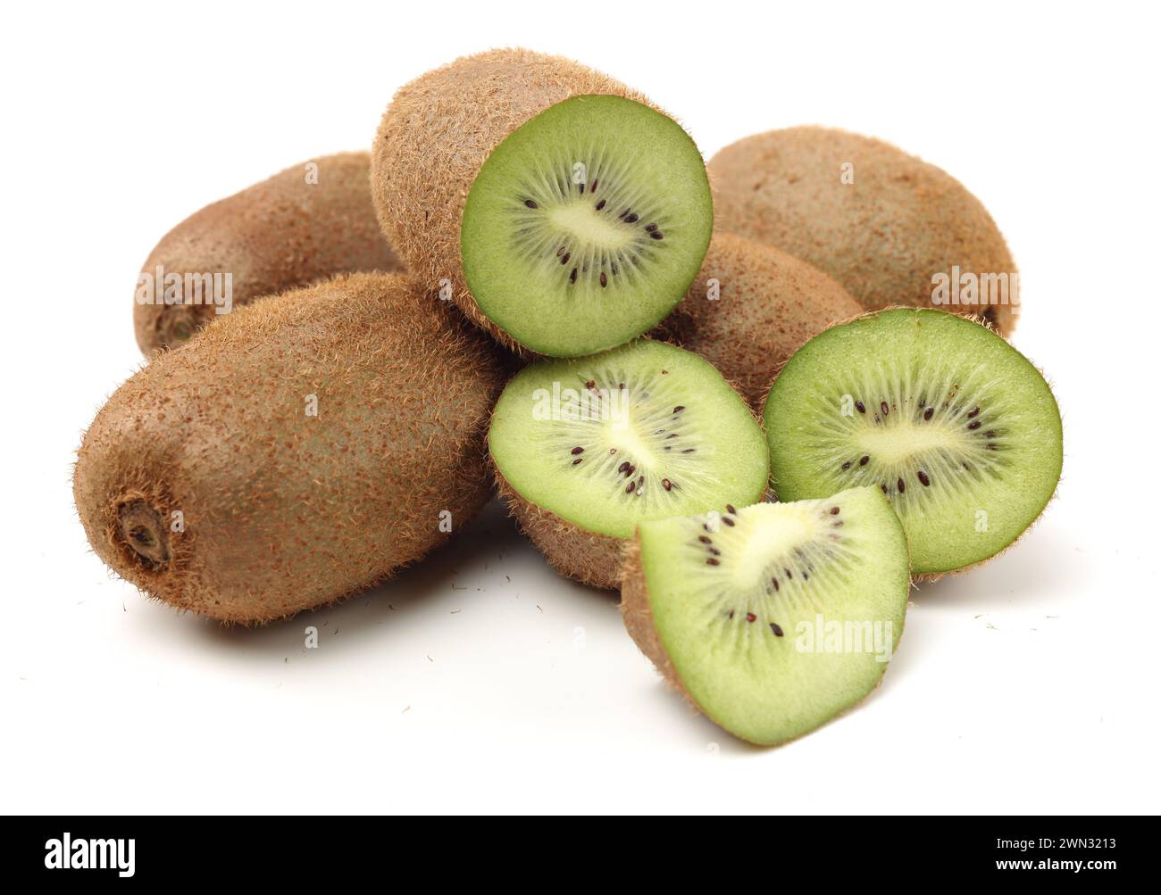 Whole kiwi fruit and his sliced segments isolated on white background ...