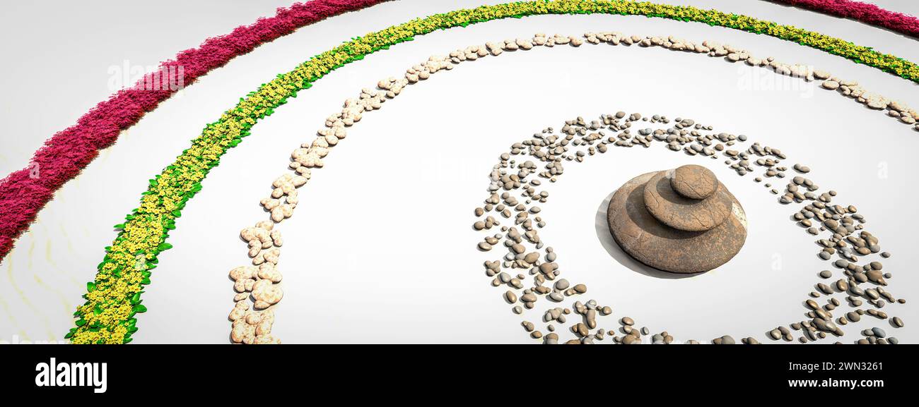 Elegant Zen Stone Spiral with Pink and Green Floral Pathways Stock ...