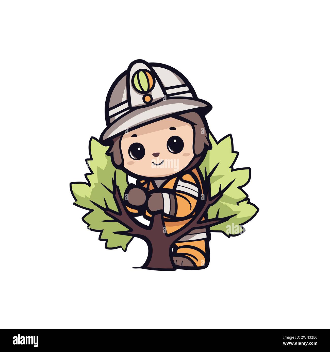 Cute little fireman with a tree. Vector illustration on white ...