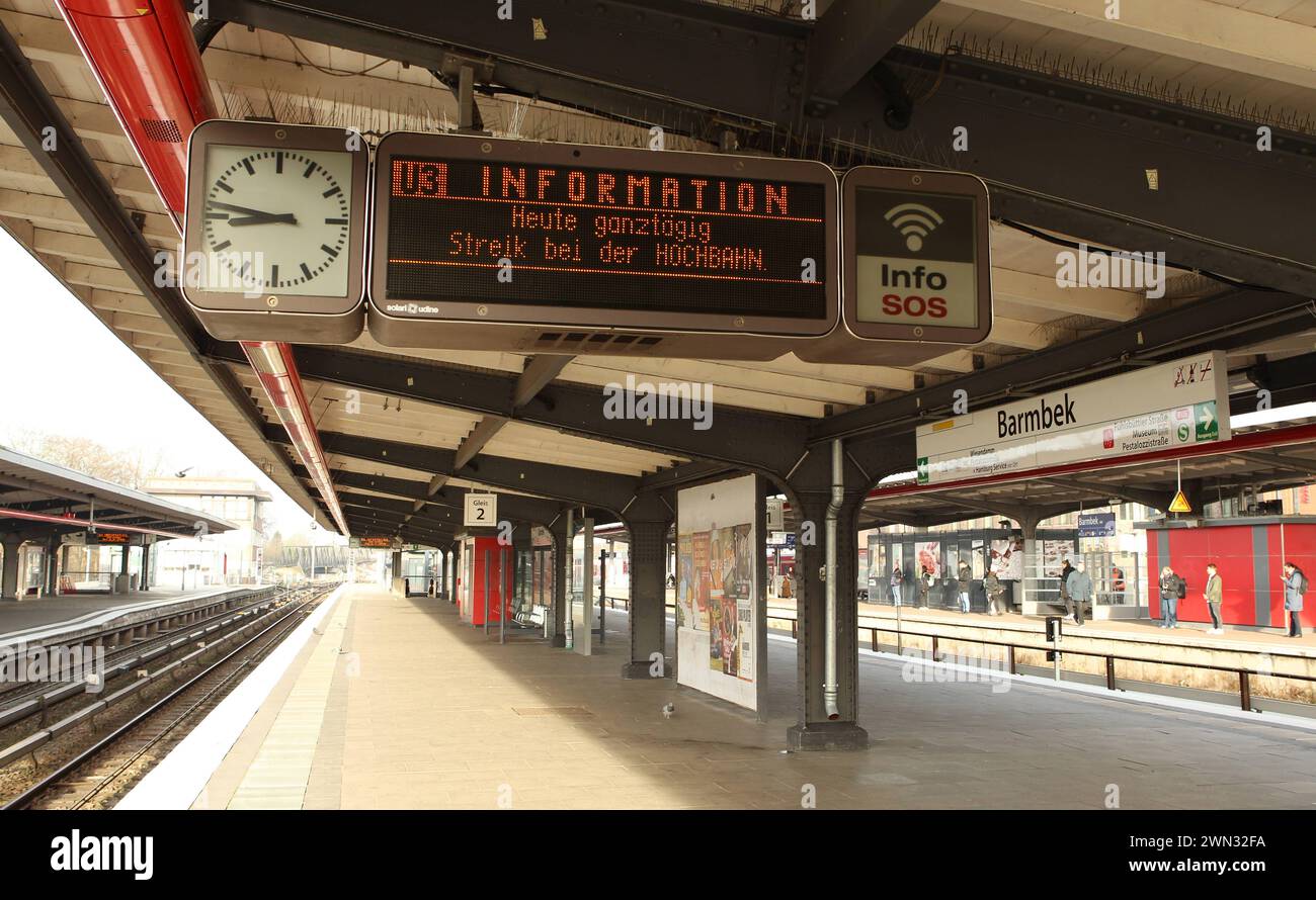 Auf einem Zugzielanzeiger auf einem menschenleeren Bahnsteig im Bahnhof Barmbek wird auf den ...