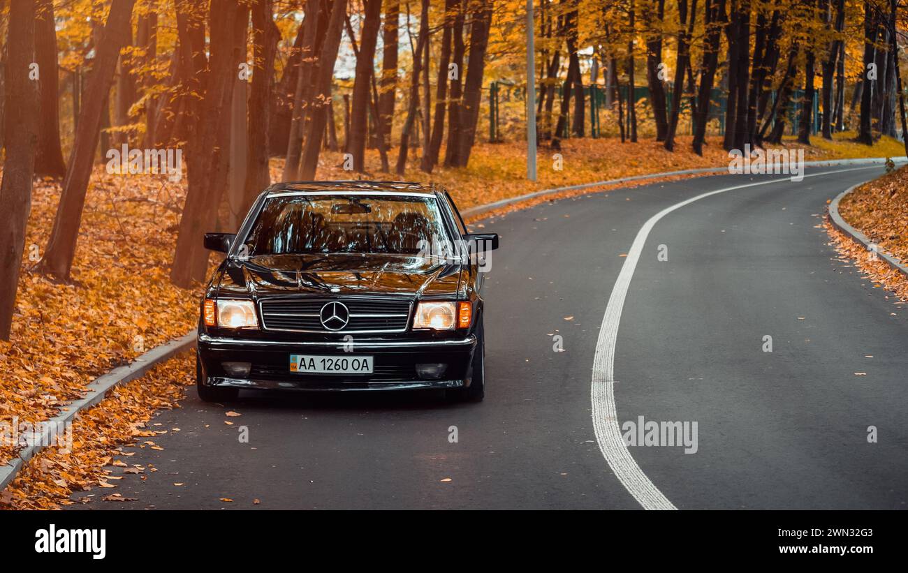 classic black Mercedes-Benz W126 on a road in autumn forest. Front view ...