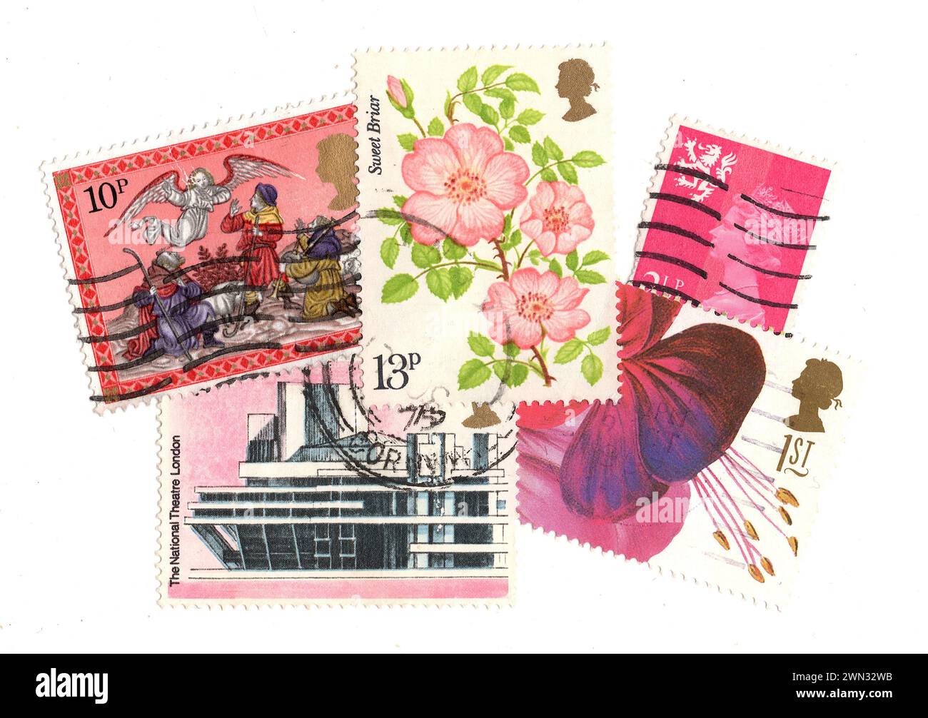 Vintage pink commemorative postage stamps from the United Kingdom ...