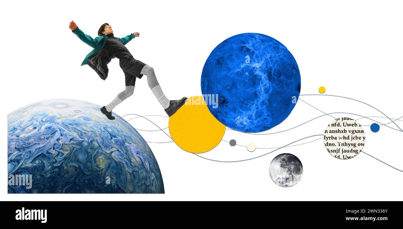 Poster. Contemporary art collage. Man in outer space walking around ...