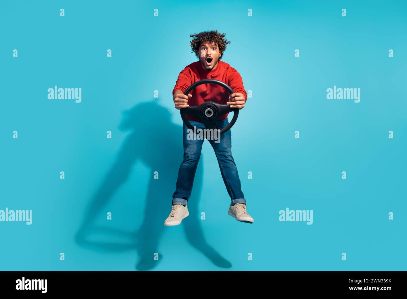 Full length size photo of crazy arabian guy driving automobile jump ...