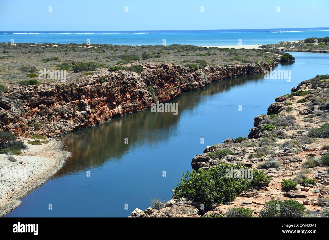 Yardie Creek flows into the Indian Ocean, Cape Range NP, WA Stock Photo ...