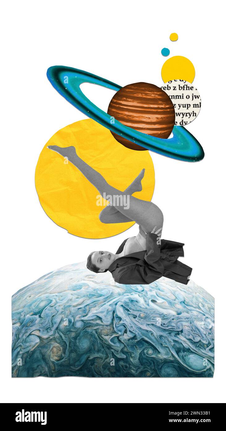 Poster. Contemporary art collage. Young woman lying on back raising ...