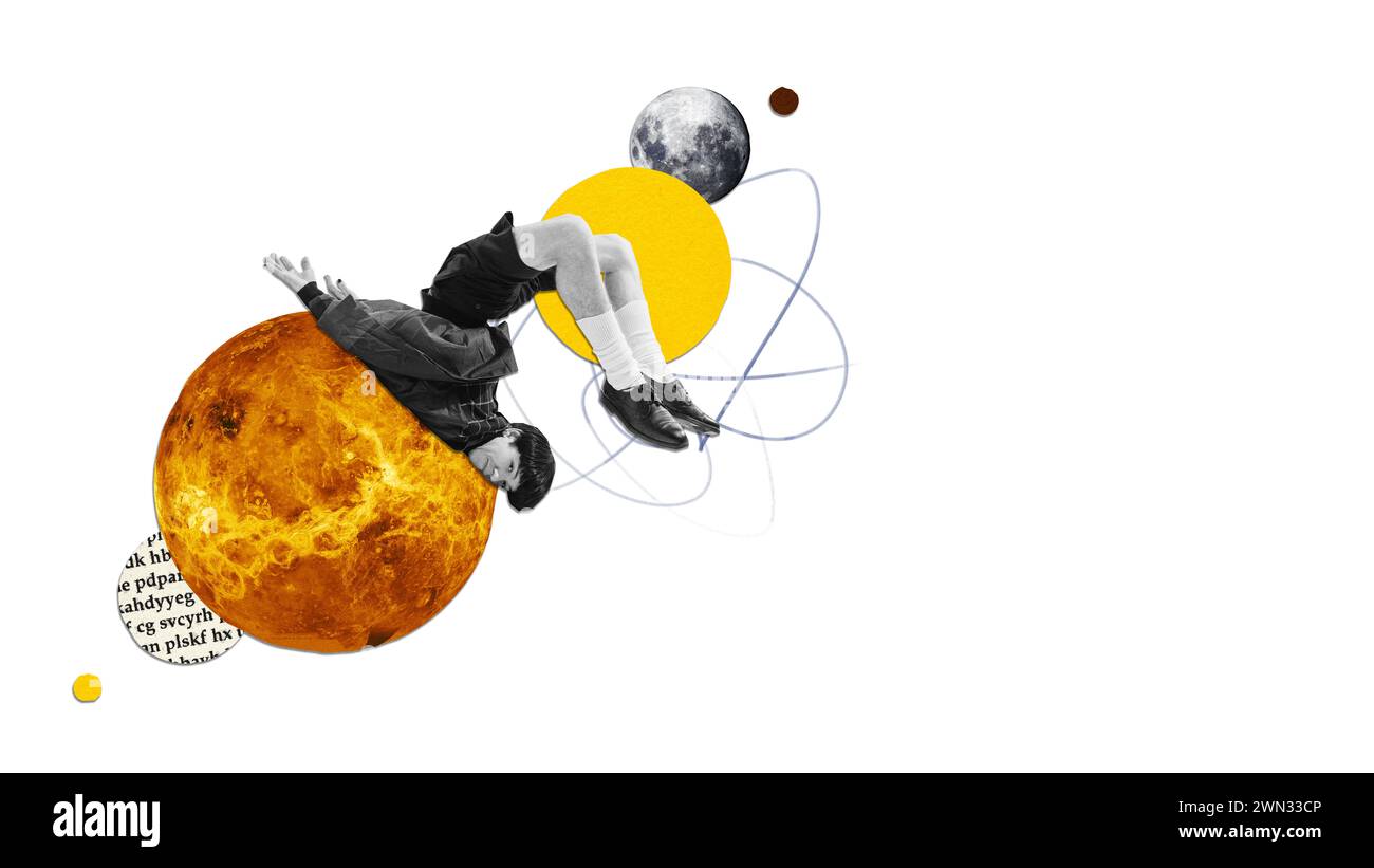 Poster. Contemporary art collage. Young man floating above planet with ...