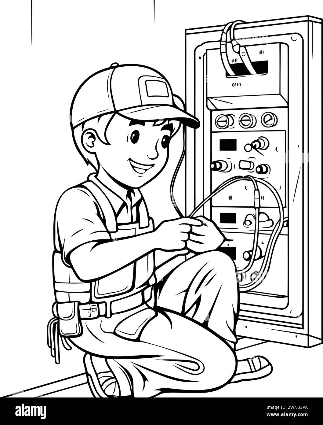 Electrician at work in front of the electrical panel. Vector ...