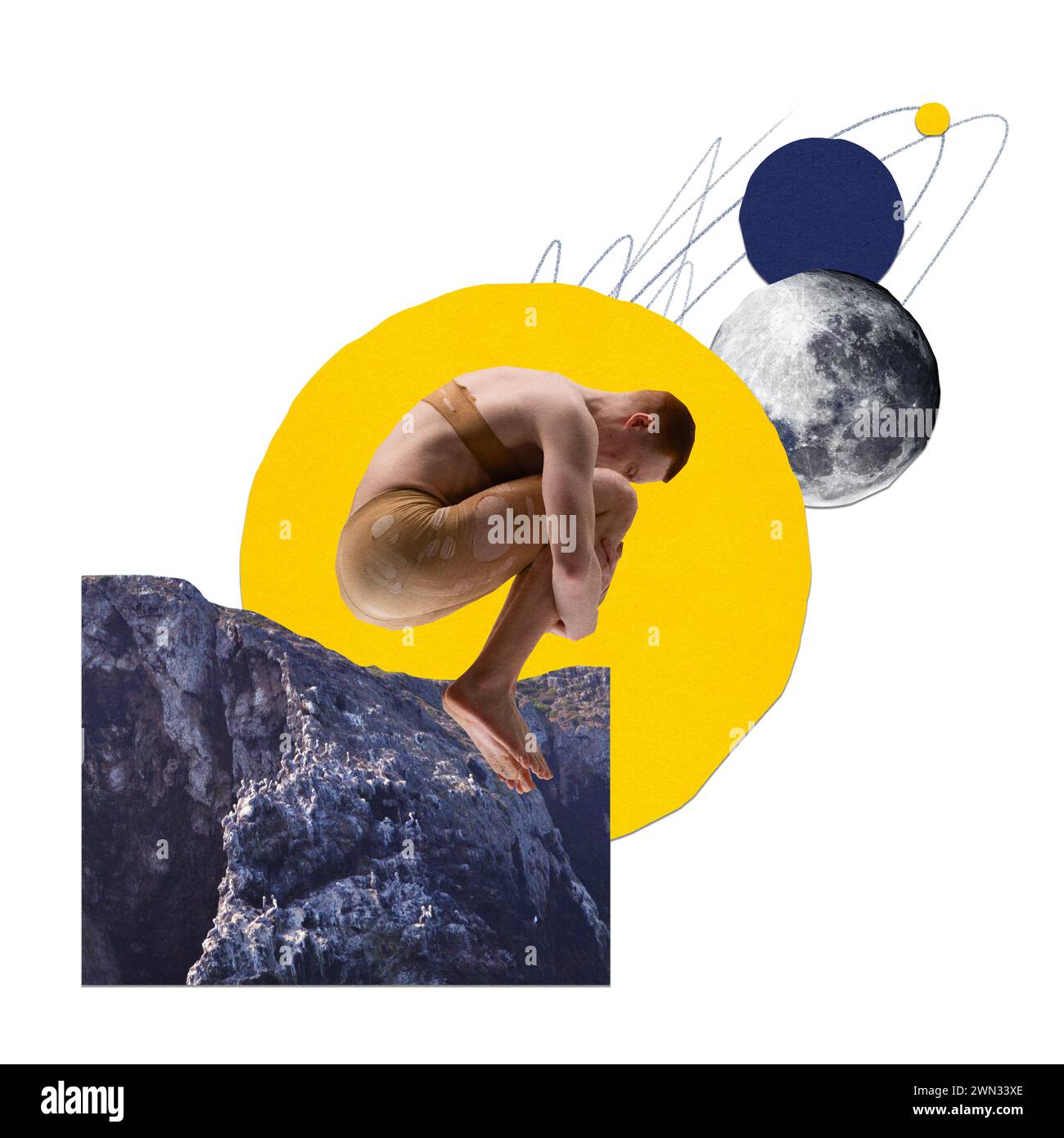 Poster. Modern aesthetic artwork. Young man crouching on cliff edge in ...