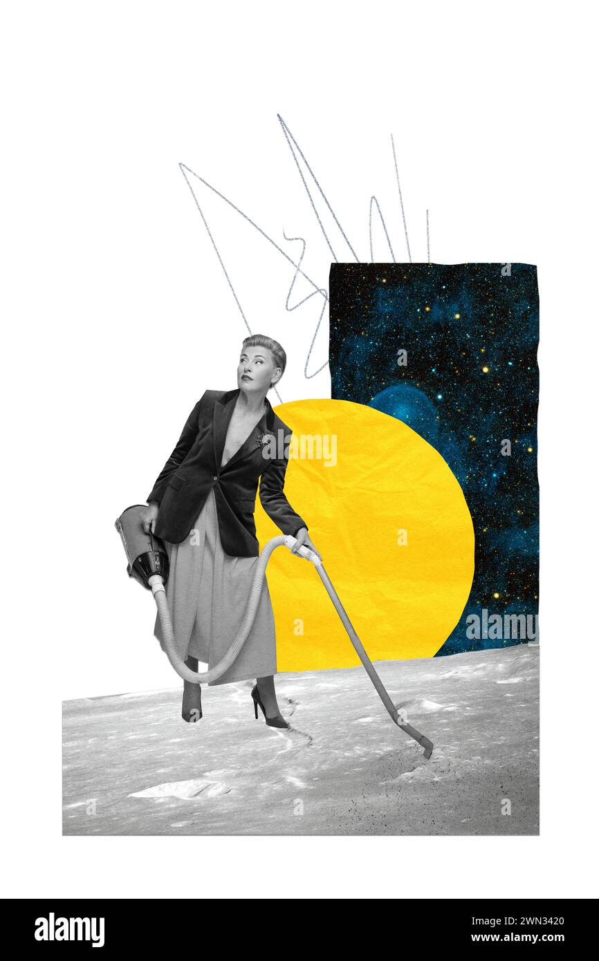 Poster. Modern aesthetic artwork. Woman in monochrome filter vacuuming ...