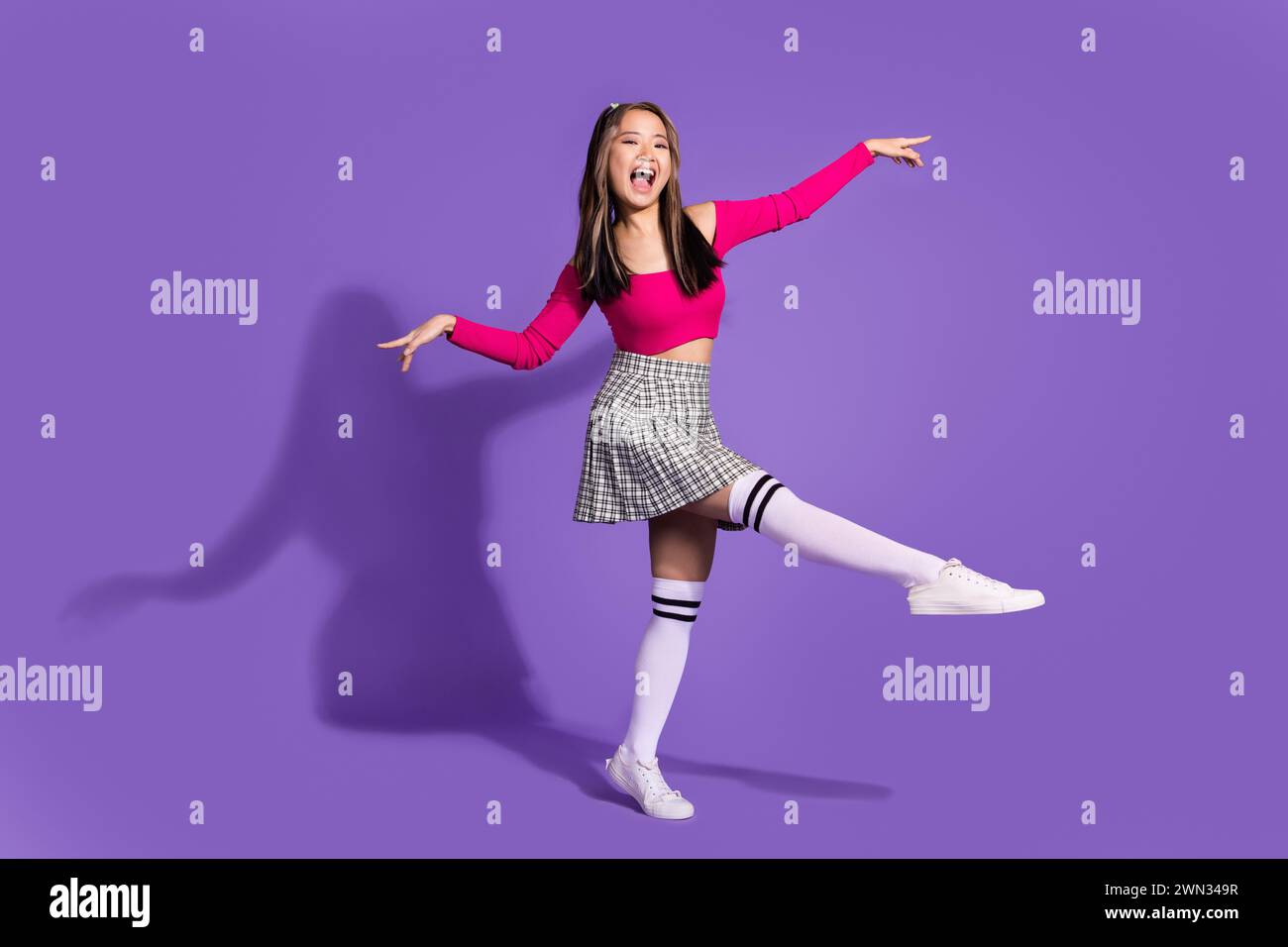 Full body photo of optimistic cheerful nice woman wear crop top plaid ...