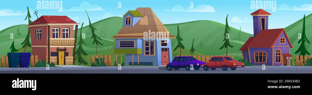 Suburban landscape with family houses in row and cars on road on ...