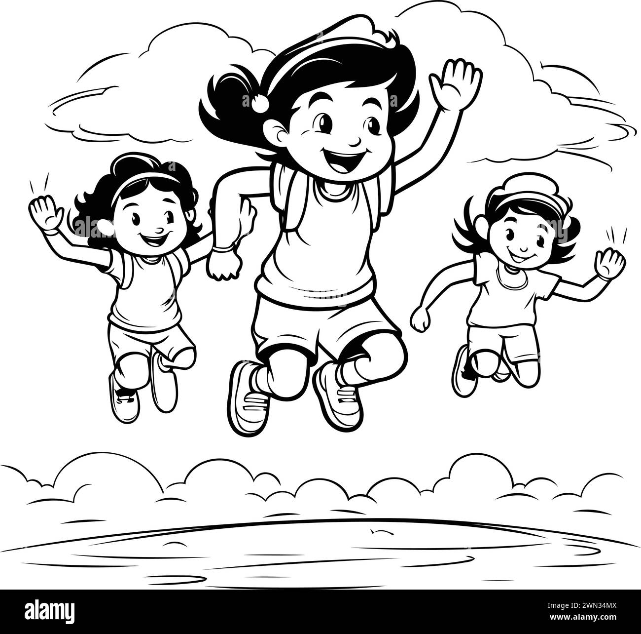 Happy children running jumping Black and White Stock Photos & Images ...