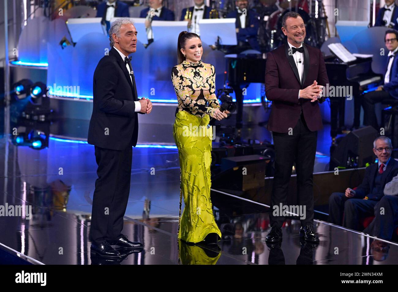 Massimo Giletti, Angelina Mango und Amadeus in der Rai TV-Show La TV fa 70 im Auditorium Rai ...