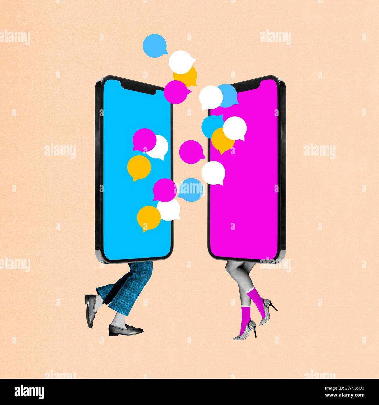 Mobile phone screens on male and female legs exchanging speech bubbles ...
