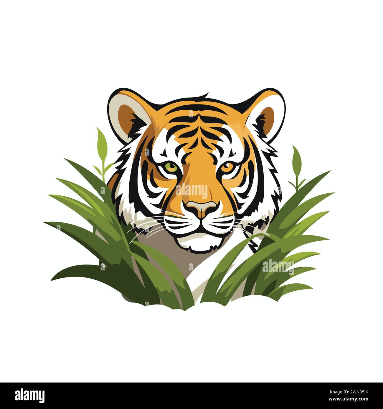 Tiger head with grass. Vector illustration. Isolated on white ...
