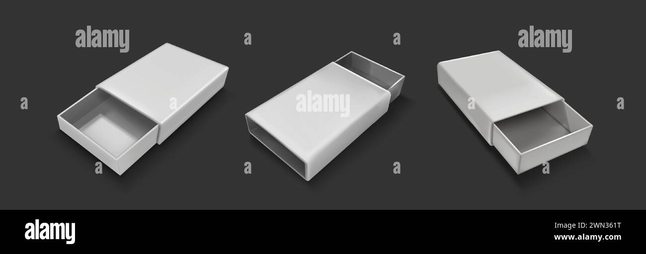 Open slide box mockup. Realistic vector illustration set of white blank ...