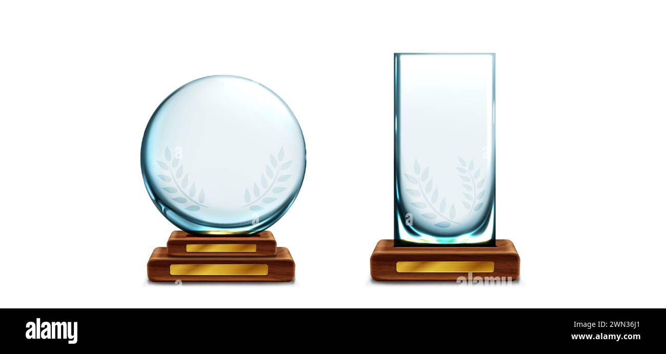 Glass trophy with laurel on wood stand with golden plate. Realistic ...