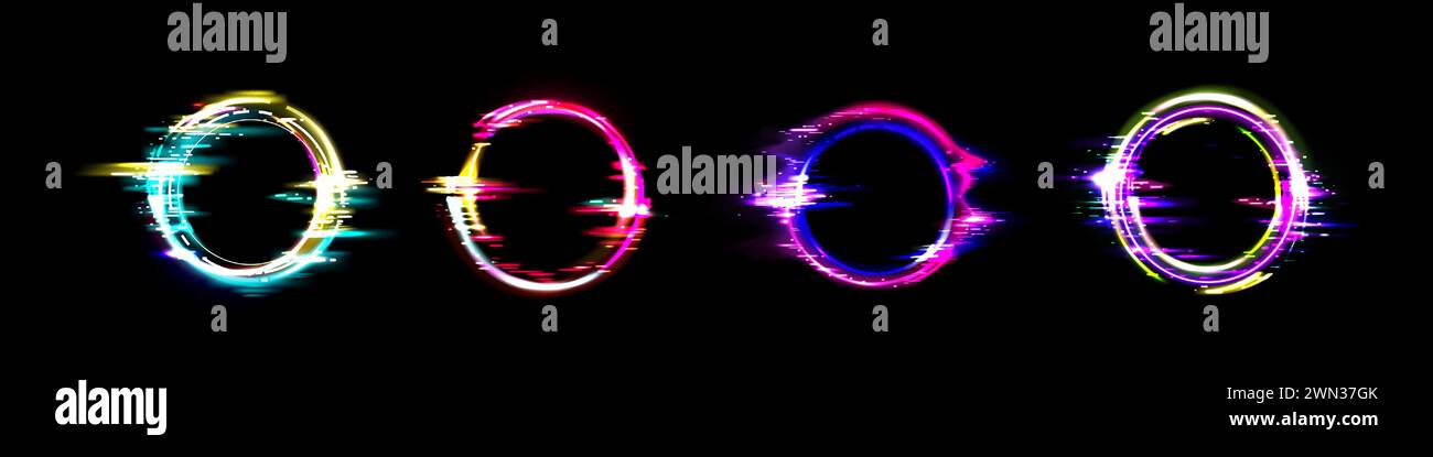 Neon circle frame with glitch effect. Realistic vector illustration set ...