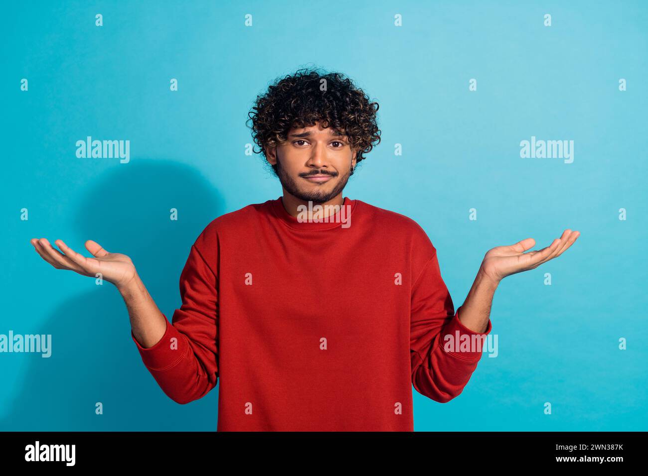 Portrait of clueless careless person raise arms shrug shoulders do not ...