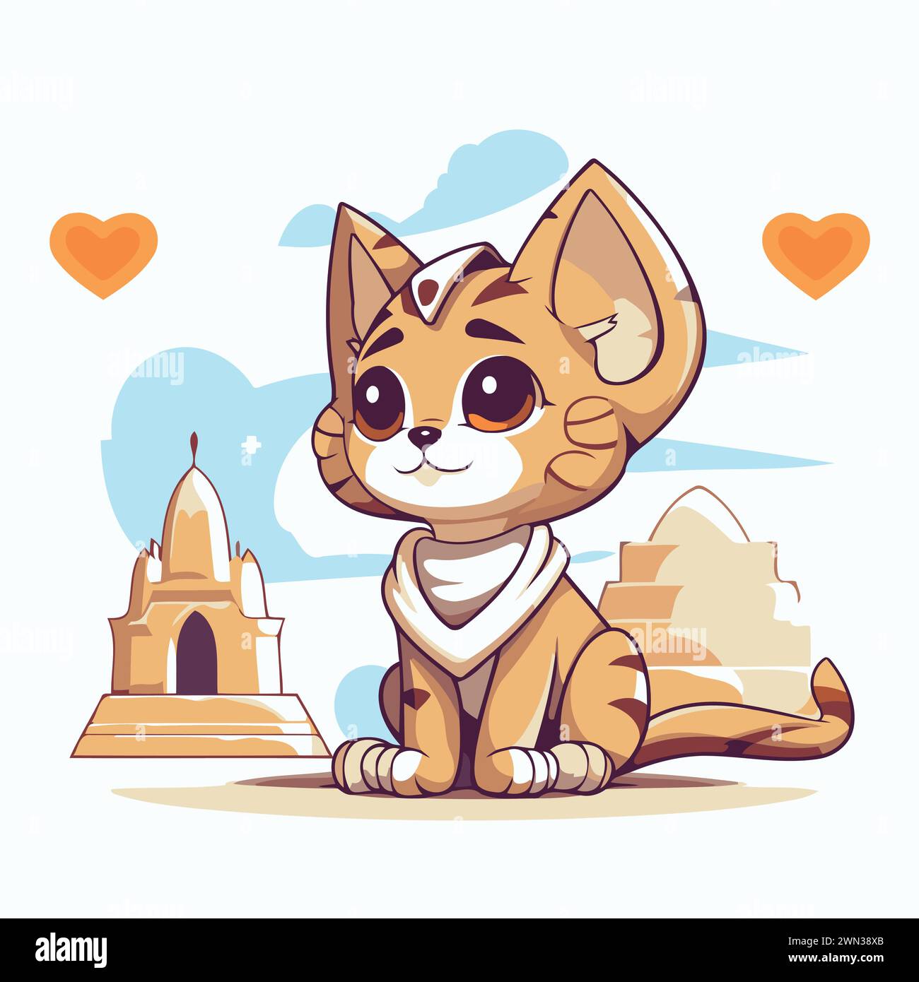 Cute cartoon kitten sitting on the background of the temple. Vector ...